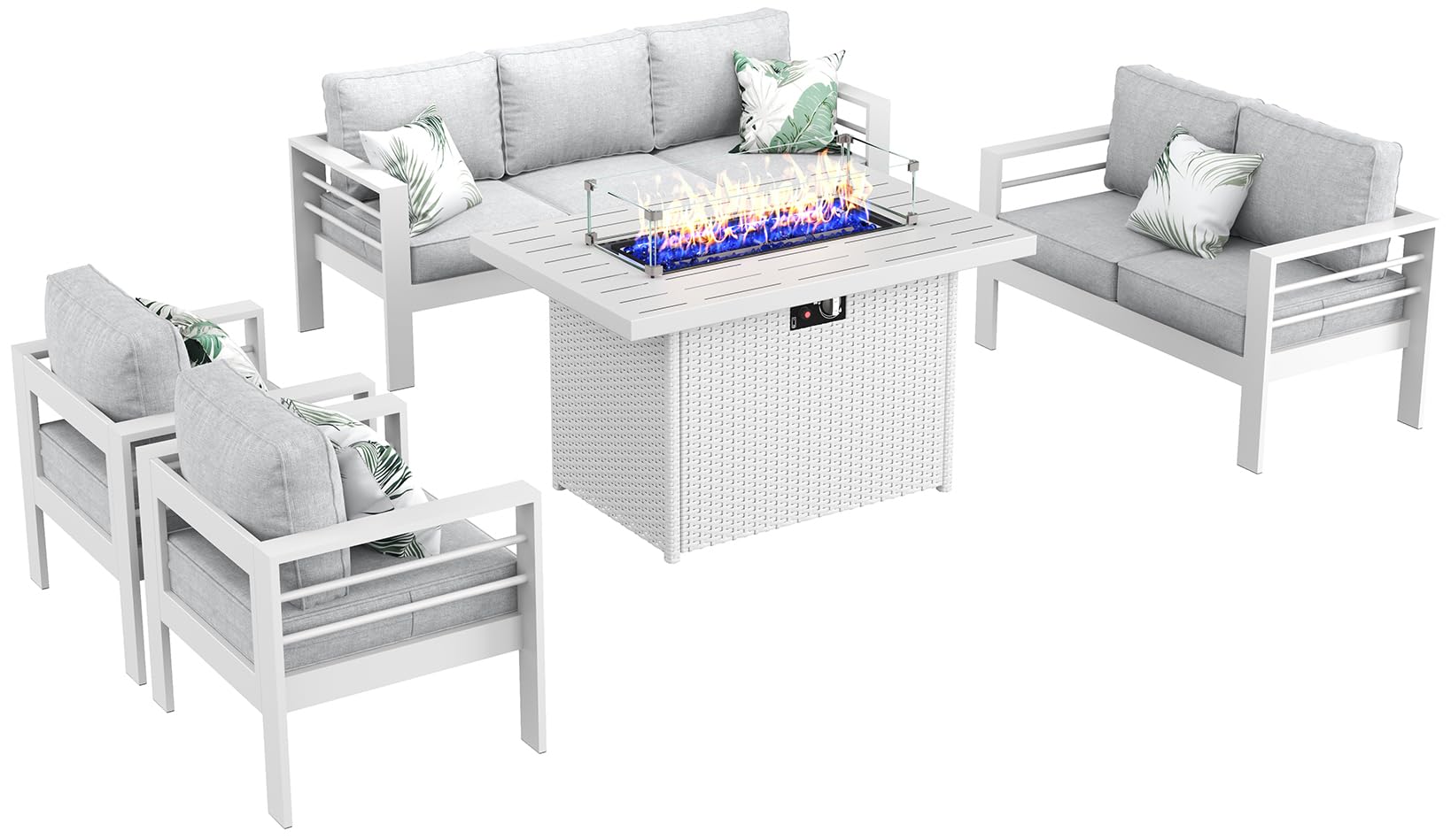 LayinSun Aluminum Furniture Set with Fire Pit Table, 5 Pieces Patio Sectional Conversation Chat Sofa Modern Seating Set