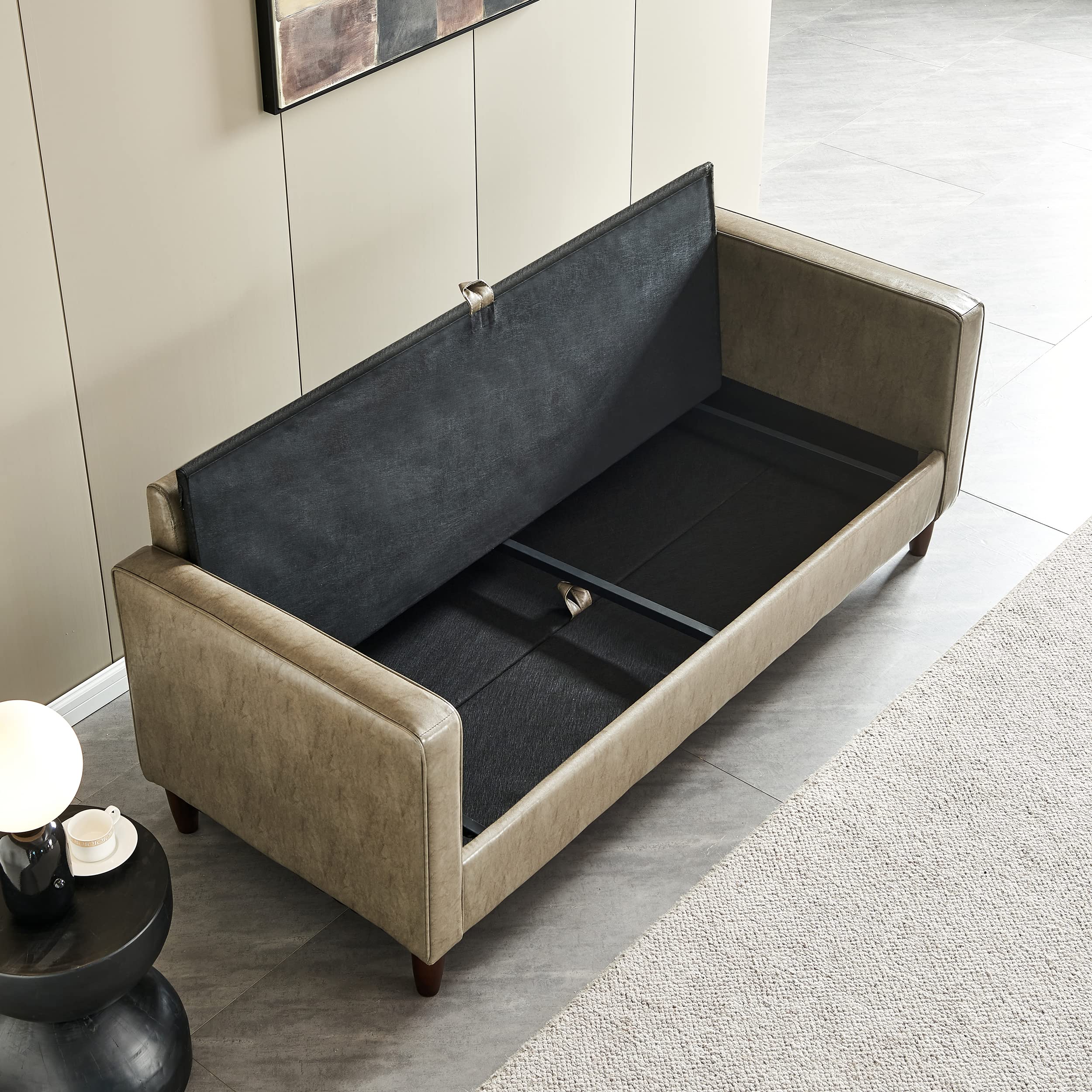 TARTOP Vegan PU Leather Living Room, Mid-Century Upholstered 3 Sofa Couch with 2 Pillows,Hidden Storage Space and Button Tufted Seat for Home or Office,Khaki