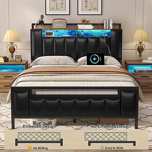 AOGLLATI Full Bed Frame with Hidden Storage Headboard,Metal Bed Frame Full Size with Charging Station and 2-Tier Storage Headboard, Full Bed with Led Lights and Metal Slats, No Box Spring Needed