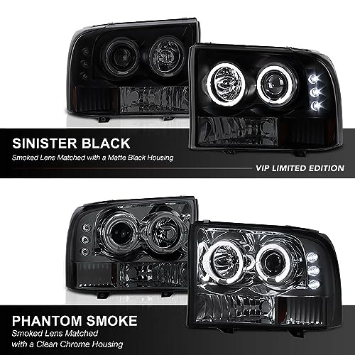 2pcs Headlight Halo Projectors Front Left Right Driver Passenger Side Smoked Lens Housing Smoke Halo Corner Headlights for Excursion for F450/F350/F250 SuperDuty FO2521141 FO2503183