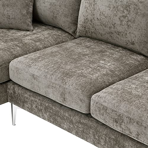 FANYE 84" L-Shaped Upholstered Corner Sectional 3 Seaters Sofa, Modern Chenille Upholstery Metal Legs Couch with Reversible Chaise and 2 Pillows for Home Apartment Office Living Room, Taupe