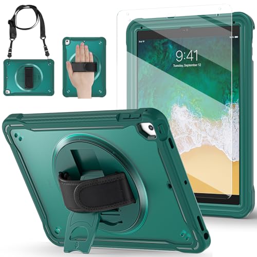 BRAECNstock for iPad Case 9.7 inch iPad 6th Gen 2018/5th Gen 2017/iPad Air 2/Pro,Shockproof Cover with Kickstand&Screen Protector,Kids Case with Pen Holder/360°Rotate Stand+Hand Strap-Midnight Green