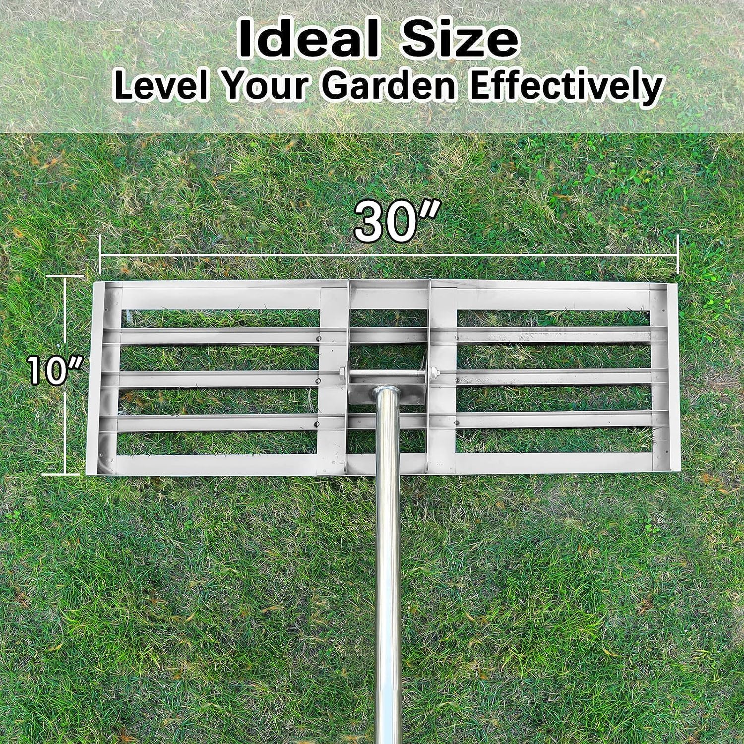 Opmeiro 30'' x 10'' Lawn Leveling Rake: Stainless Steel Lawn Level Tool with Adjustable 87'' Extra Long Handle - Leveling Rakes for Backyard Garden Yard Golf, silver