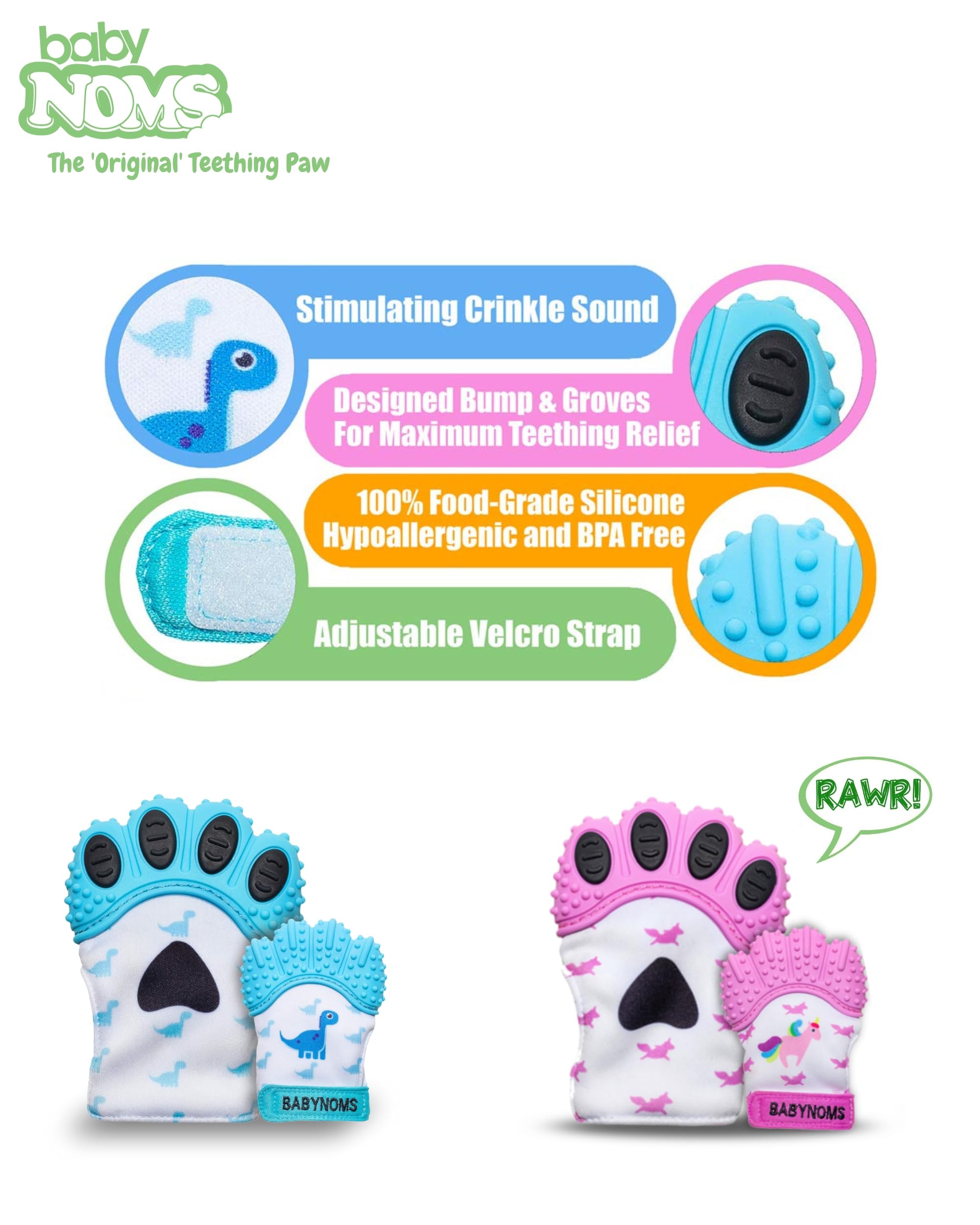 BabyNoms ® Teething Mitten Bundle | Dino Blue & Pink Unicorn Teether Paws
