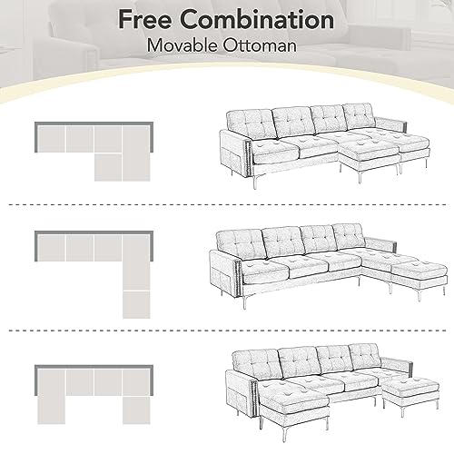 BIADNBZ 111" Modern Convertible Sectional Sofa with Movable Ottoman,U-Shaped Velvet Upholstered Couch with Chaise Lounge for Living Room,Apartment,Office,Light Gray
