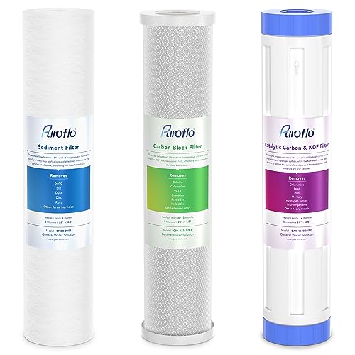 Puroflo Heavy Metal Whole House Water Filter 4.5” x 20”, 3-Stage Replacement Water Filters Set, Sediment Filter, Carbon Block, KDF Filter, High Capacity 5 Micron Water Filter, Remove Iron and PFAS