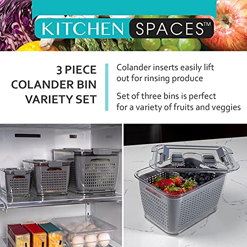 Kitchen Spaces Gray Colander Bin Variety Pack, Fridge Organizers, Produce Storage, Keep Vegetables Fresh, Lettuce, Grape or Strawberry Holder, Three Sizes