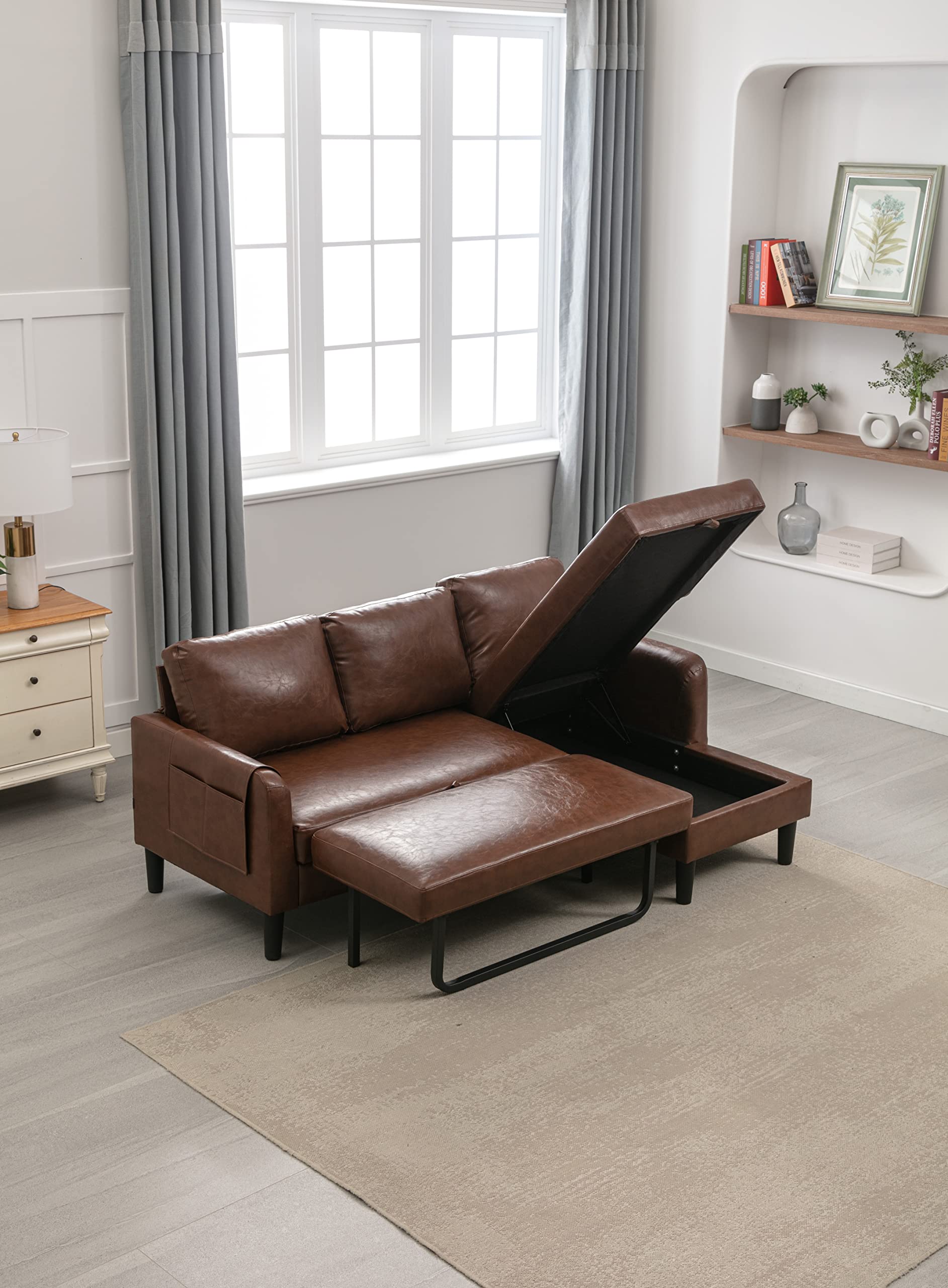 Eafurn 3 Seater Sectional Sofa with Chaise Lounge and Storage,L Shaped Convertible Couch Pull Out Bed,Comfy Velvet Upholstery Corner Sofa & Couches Button Tufted Living Room Furniture Sets