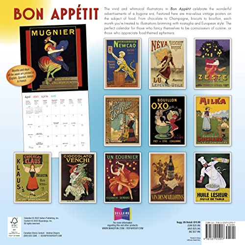 Bon Appétit 2023 Wall Calendar — Vintage Food Poster Art, 16-Month Cooking Calendar, 12" x 12"
