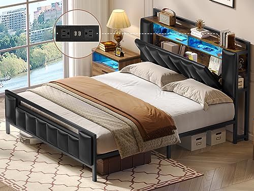AOGLLATI Full Bed Frame with Hidden Storage Headboard,Metal Bed Frame Full Size with Charging Station and 2-Tier Storage Headboard, Full Bed with Led Lights and Metal Slats, No Box Spring Needed
