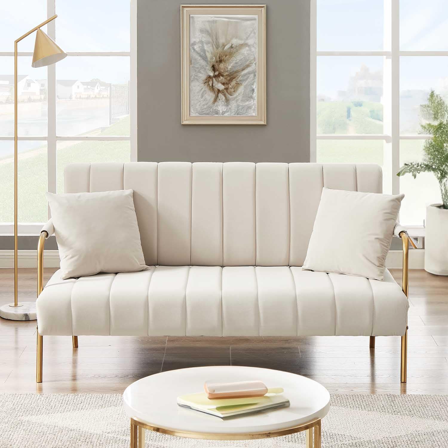 RIDFY Modern Upholstered Velvet Loveseat Sofa with 2 Pillows/Gold Metal Legs, 2 Seater Futon Sofa Couch, Cashmere Fabric Accent Mini Sofa, Living Seat for Small Spaces/Bedroom(Beige)