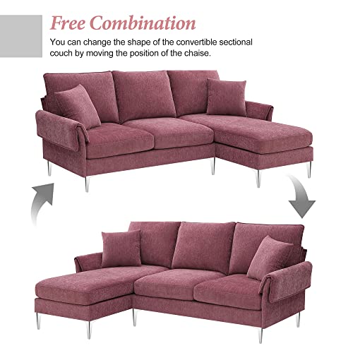 FANYE 84" L-Shaped Upholstered Corner Sectional 3 Seaters Sofa, Modern Chenille Upholstery Metal Legs Couch with Reversible Chaise and 2 Pillows for Home Apartment Office Living Room, Pink