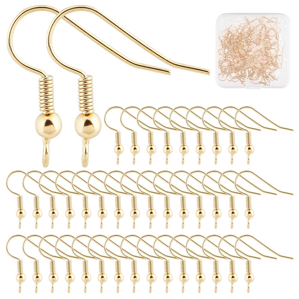 CREATCABIN 110Pcs 18K Gold Plated Earring Hooks Ear Wires Fish Hook Ball End Fish Earring Drop Dangle Coil Wires Connector Earring Findings with 220Pcs Plastic Ear Nuts for DIY Jewelry Making 19x20mm