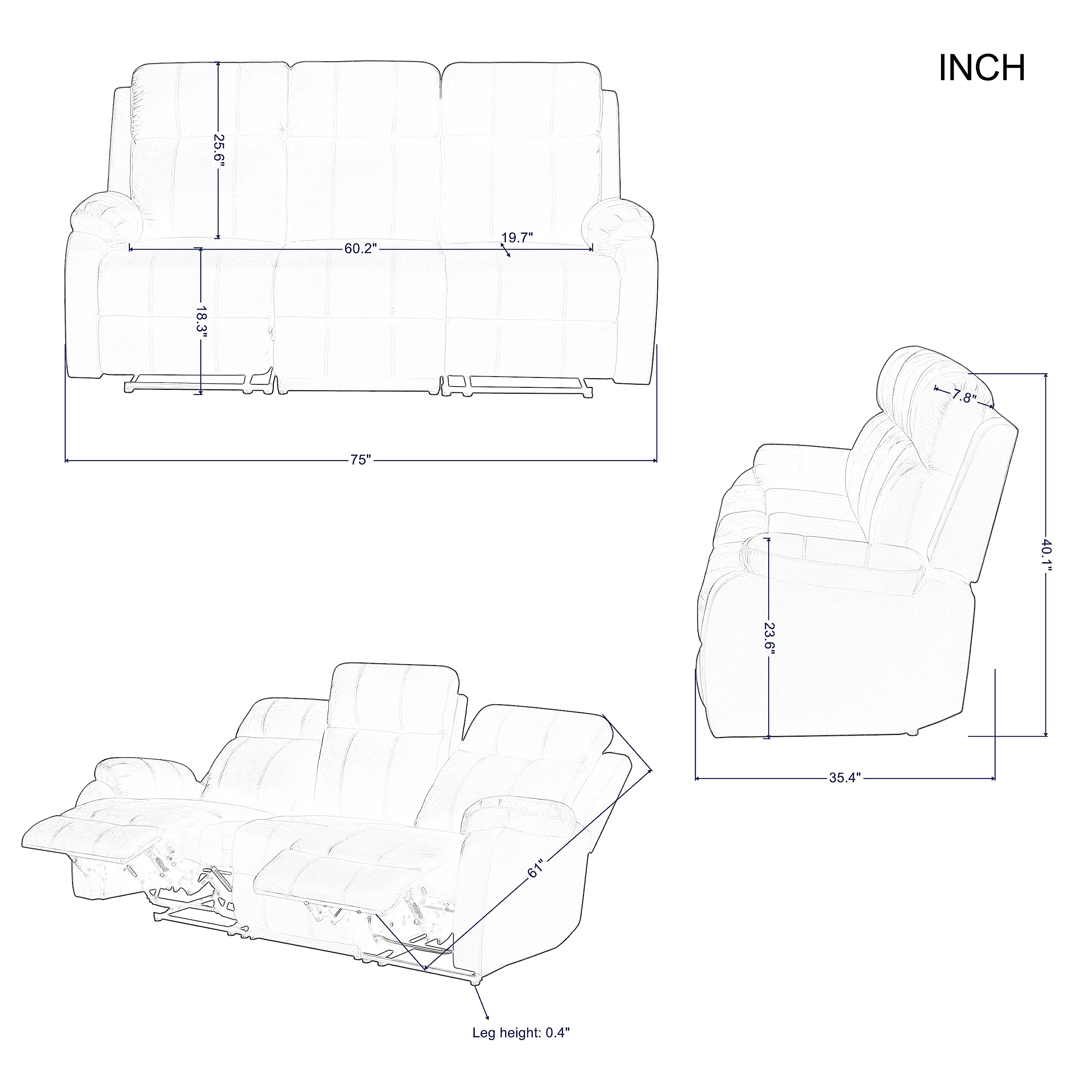 LCH 3-Seater Sectional, Leather Loveseat Lounge Chair, Set Reclining Couch Sofa for Living Room (Black)