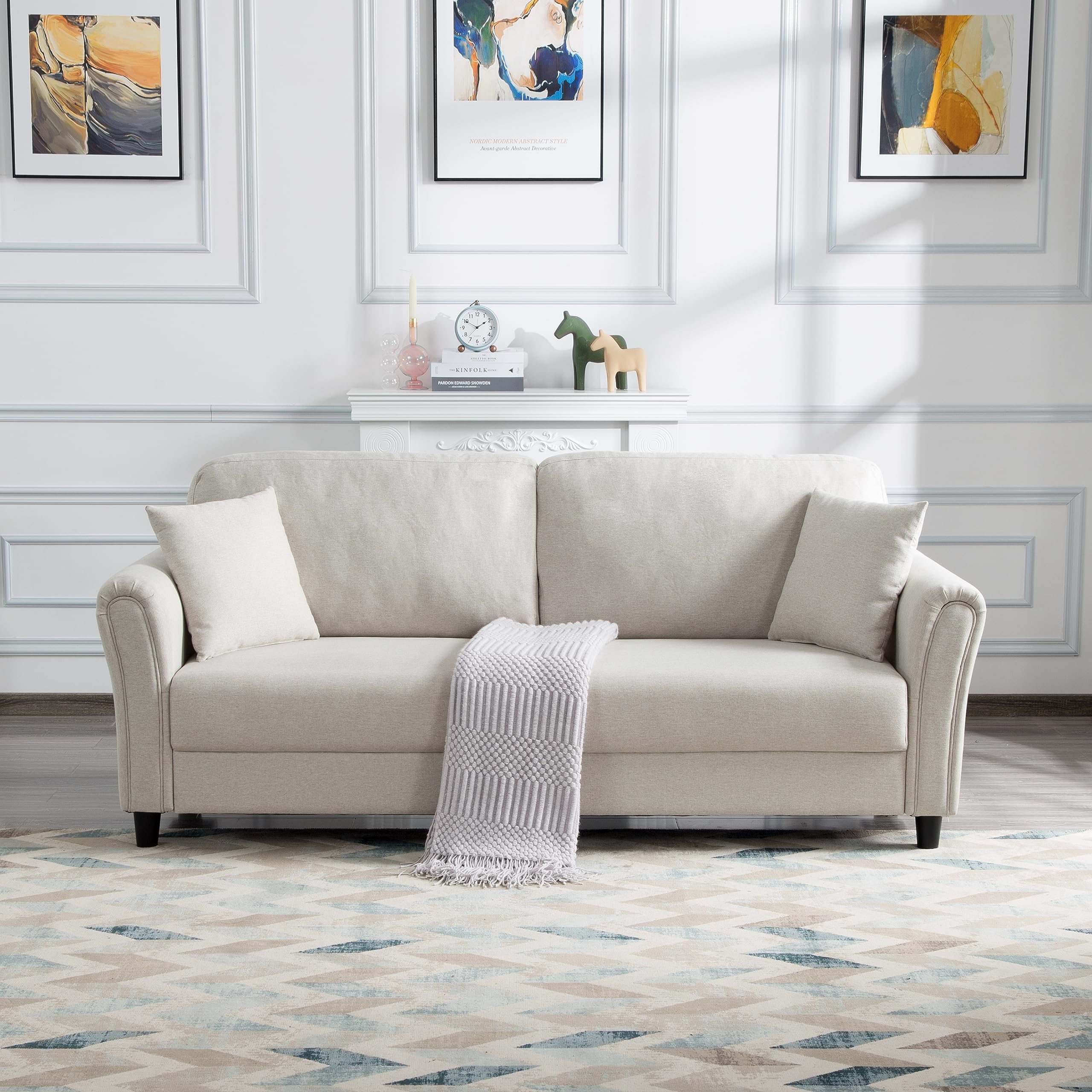 KoiHome Loveseat 81.5" 2 Pillows and Rolled Arm, 2 Upholstered Linen Fabric Couch Lounge Furniture, Deep Seated Comfy Sofa for Living Room, Bedroom, Apartment, Office, Beige