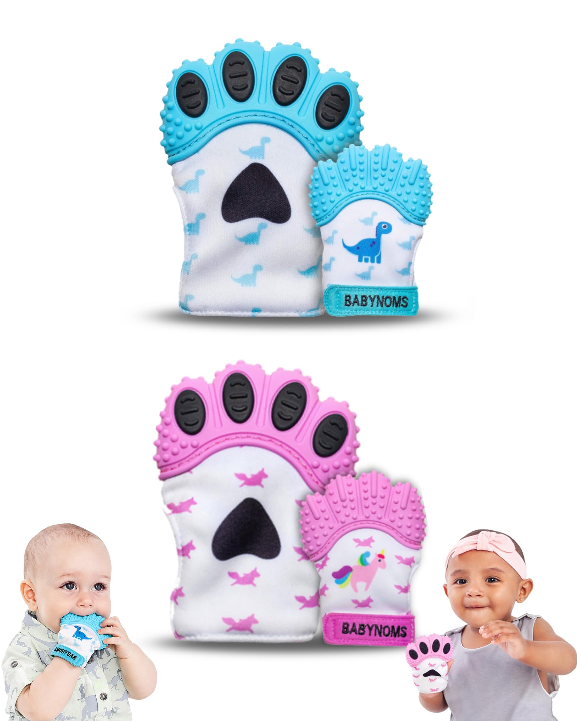 BabyNoms ® Teething Mitten Bundle | Dino Blue & Pink Unicorn Teether Paws