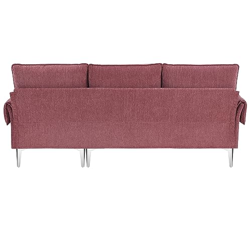 FANYE 84" L-Shaped Upholstered Corner Sectional 3 Seaters Sofa, Modern Chenille Upholstery Metal Legs Couch with Reversible Chaise and 2 Pillows for Home Apartment Office Living Room, Pink