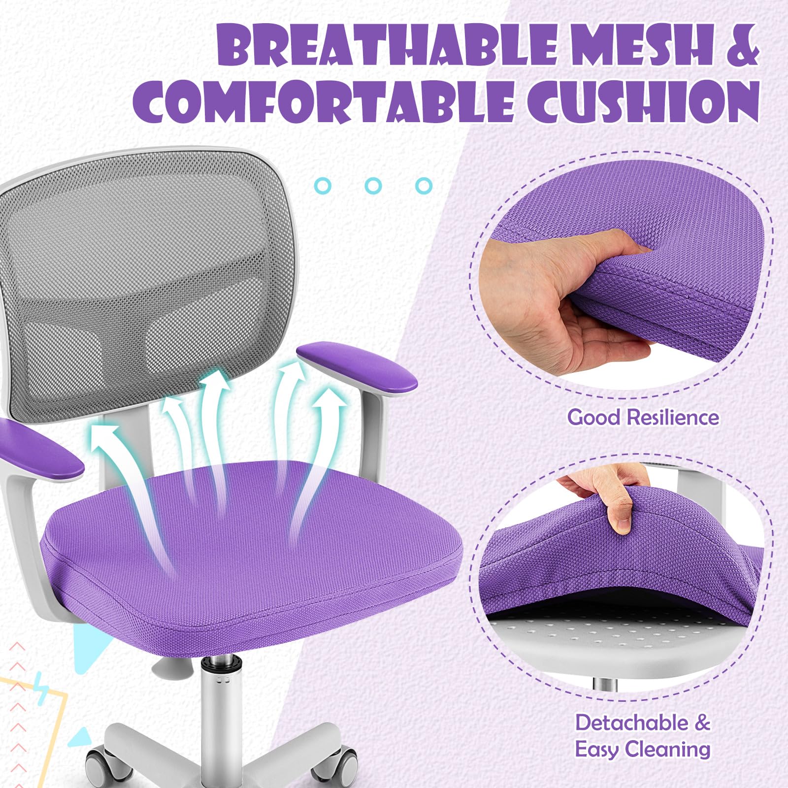 POWERSTONE Kids Desk Chair, Adjustable Mesh Computer Chair with Armrest, Soft Cushion and Mid Back Swivel Office Chair for Teens Students (Purple)