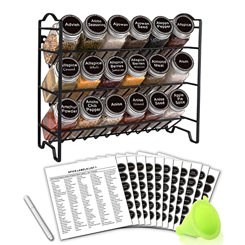 SWOMMOLY Spice Rack Organizer with 18 Empty Square Spice Jars, 396 Spice Labels with Chalk Marker and Funnel Complete Set, Spice Organizer for Countertop, Cabinet or Wall Mount, Black