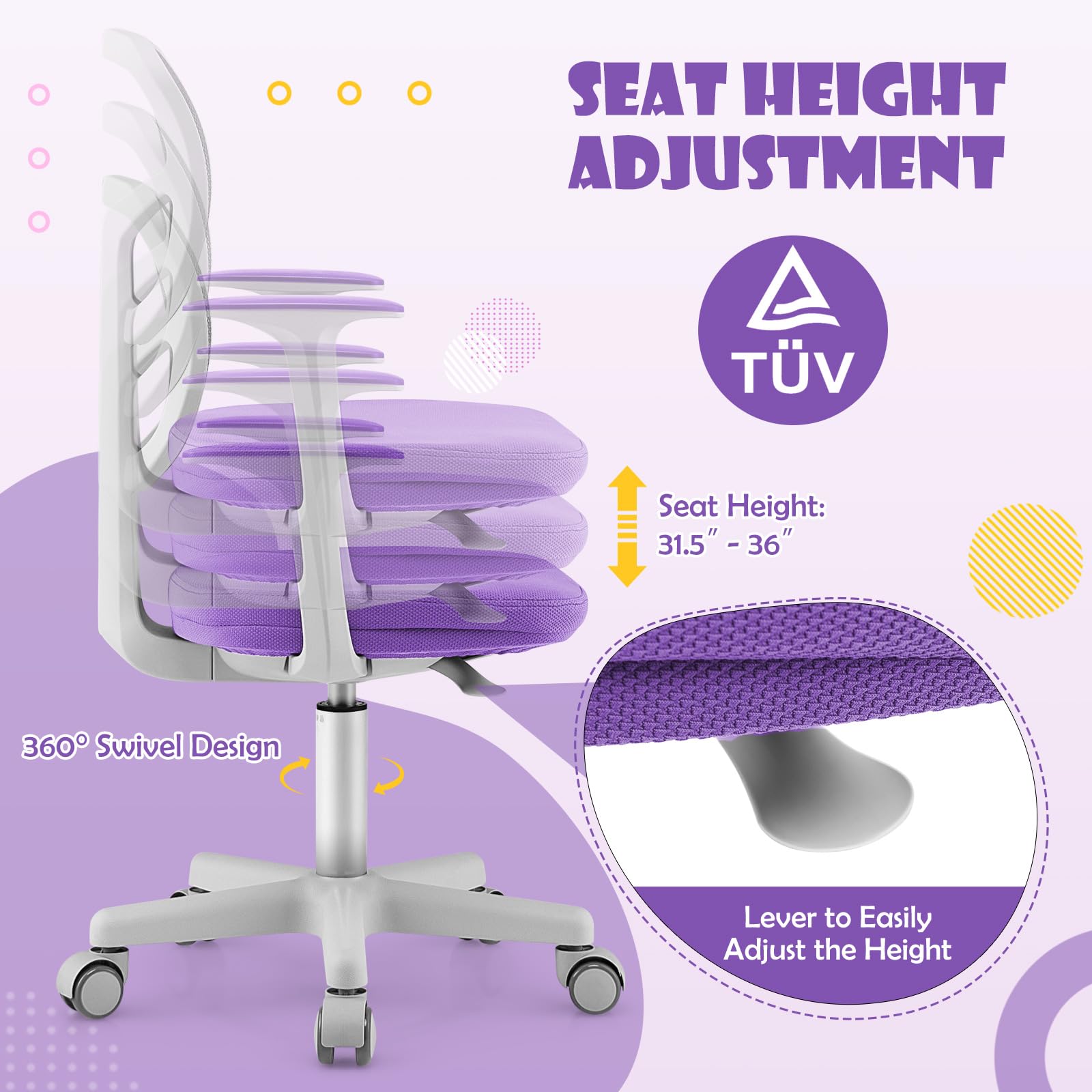 POWERSTONE Kids Desk Chair, Adjustable Mesh Computer Chair with Armrest, Soft Cushion and Mid Back Swivel Office Chair for Teens Students (Purple)