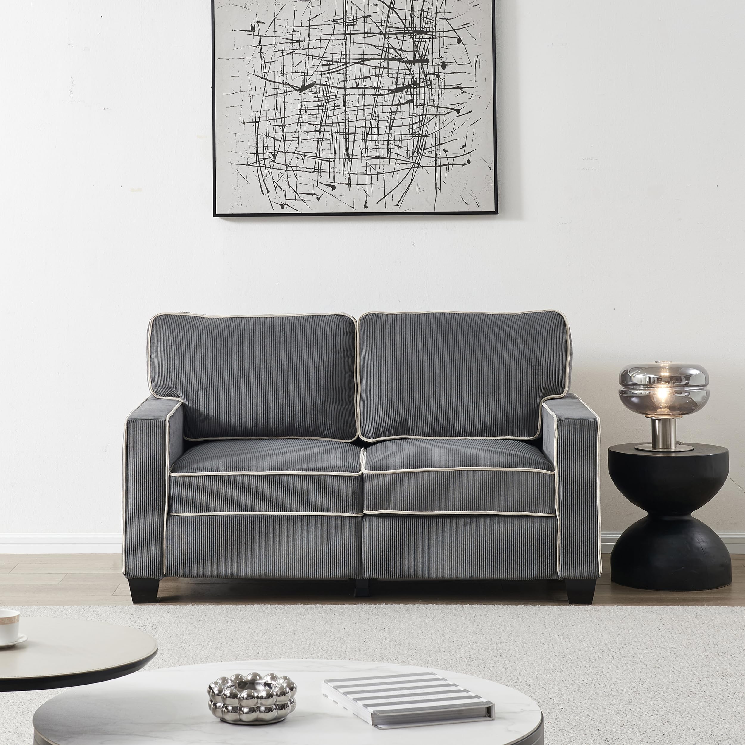FANYE Gray 2 Accent Deep Cushions Seaters Plastic Legs Loveseat Double Couch with Storage, Modern Corduroy Upholstery Sofa Love Seat W/Square Armrest for Home Office Apartment Small Space Living Room