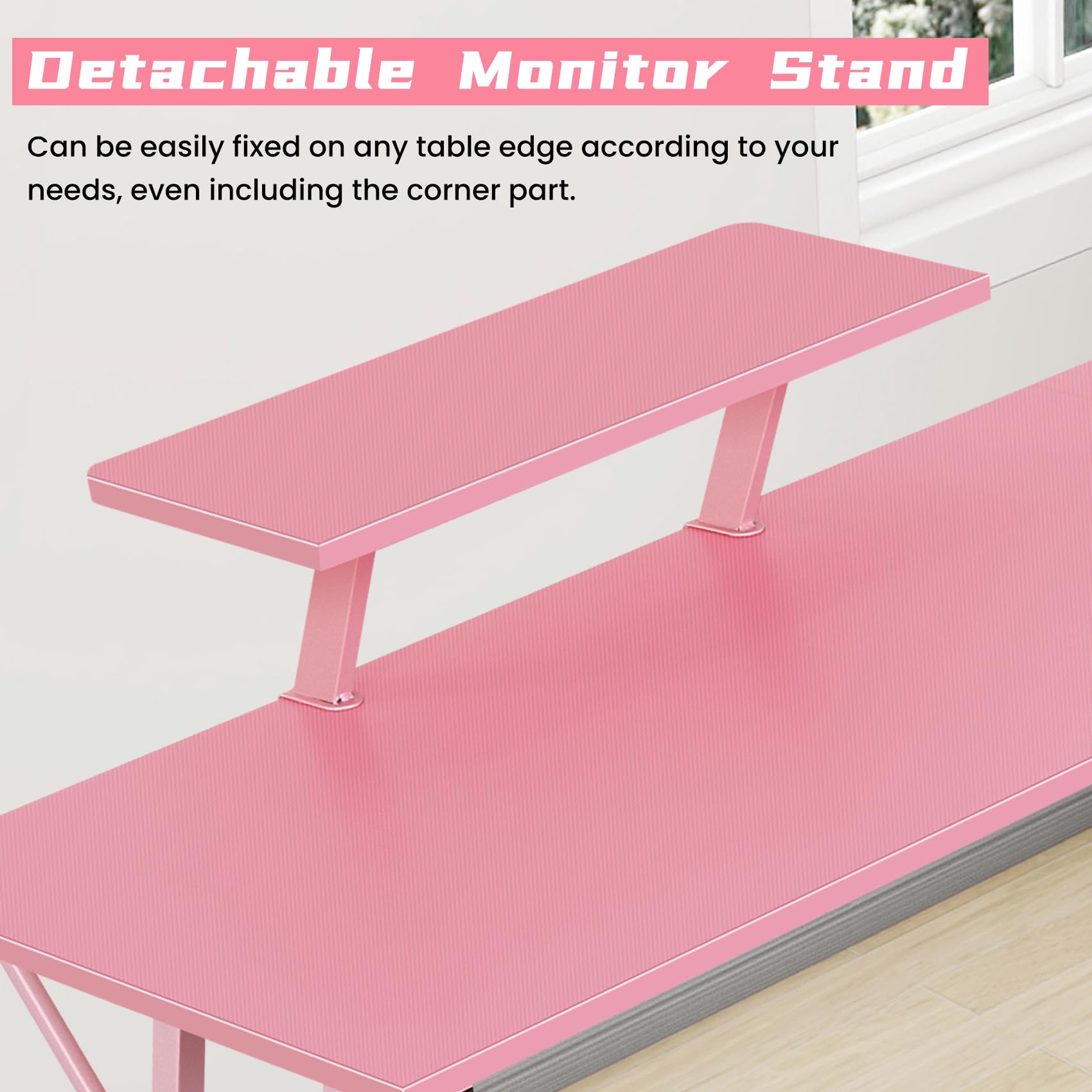 BLKMTY L Shaped Desk PC Gaming Desk Computer Desk with Monitor Stand Large Desktop Studying Executive Table Corner Desk Office Computer Table for Home Office Sturdy Writing Workstation, Pink