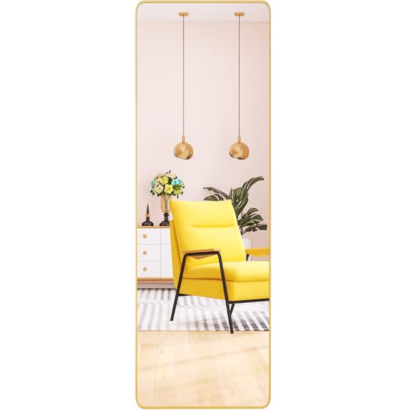 Cozybedin Square Rounded Corners Full Length Mirror Floor Mirror, Bedroom Mirror ,Dressing Mirror with Aluminum Alloy Frame,65" x 22" (Gold)