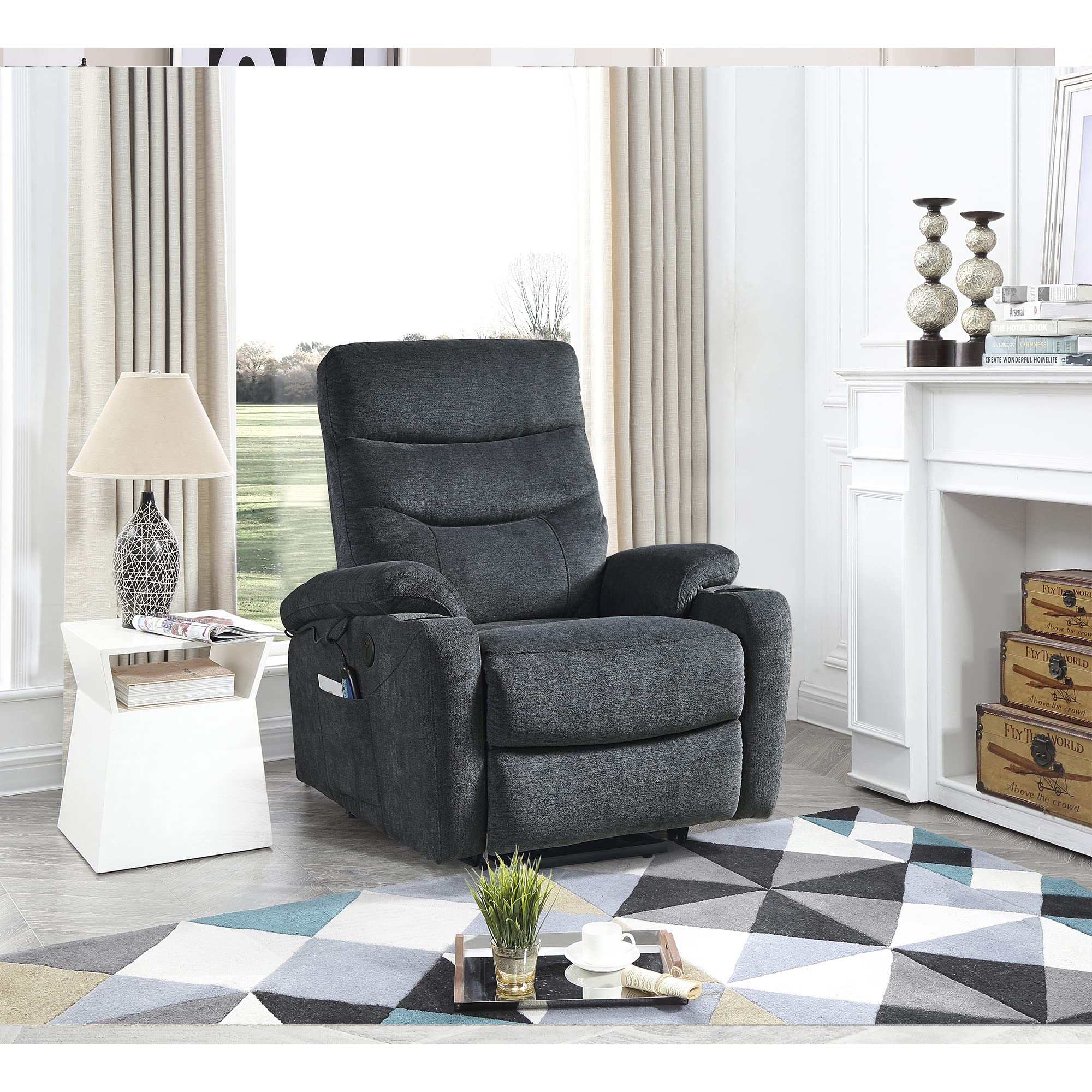 POCIYIHOME 35.5" Electric Power Lift Recliner Chair Sofa with 8 Vibrating Massage 1 Lumbar Heating Point for Elderly, 2 Side Pockets, Cup Holders, USB Ports, High-Tech Seat for Home, Dark Gray