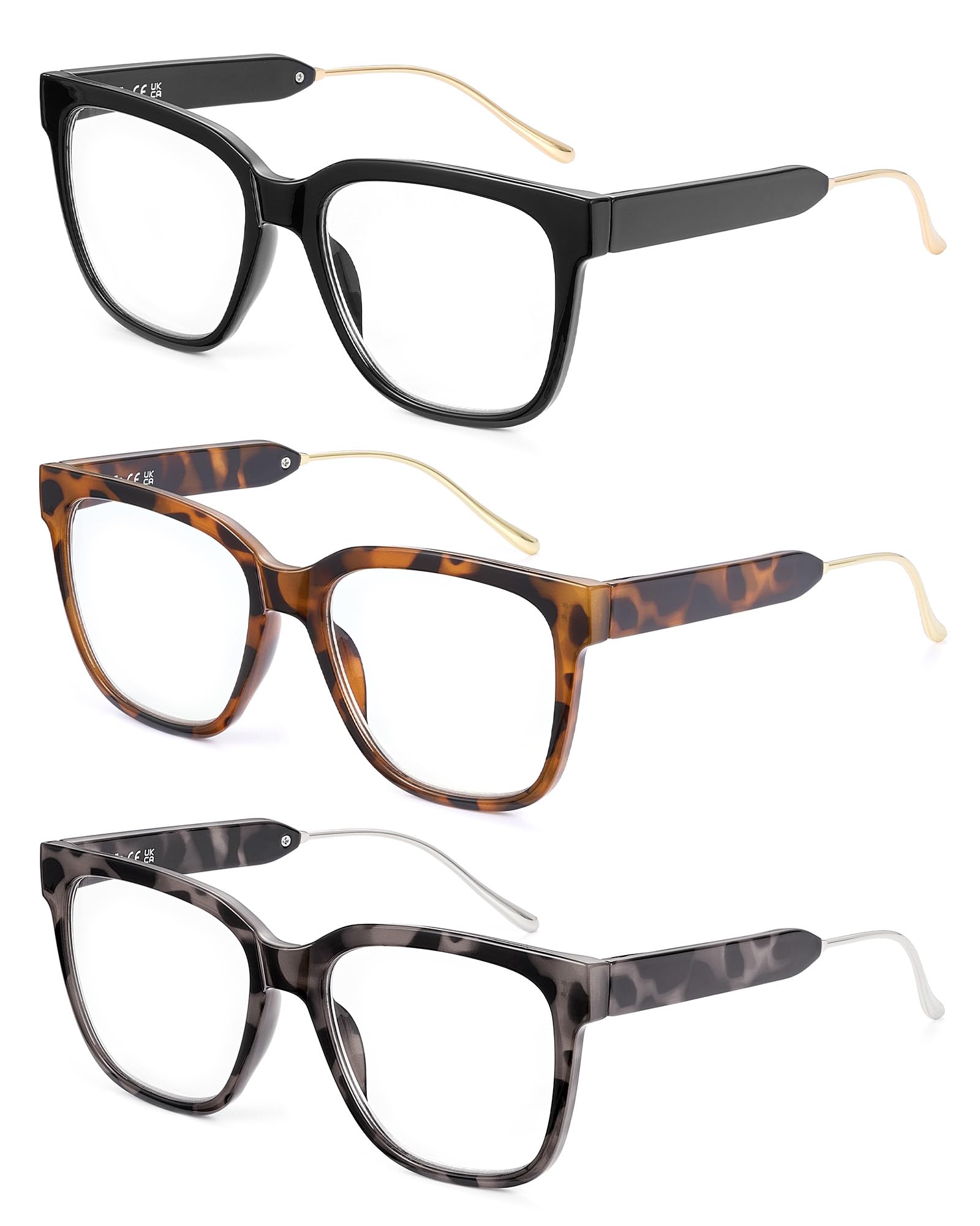 JM 3 Pack Classic Square Reading Glasses for Women Men, Retro Trendy Oversized Square Blue Light Blocking Readers +1.75
