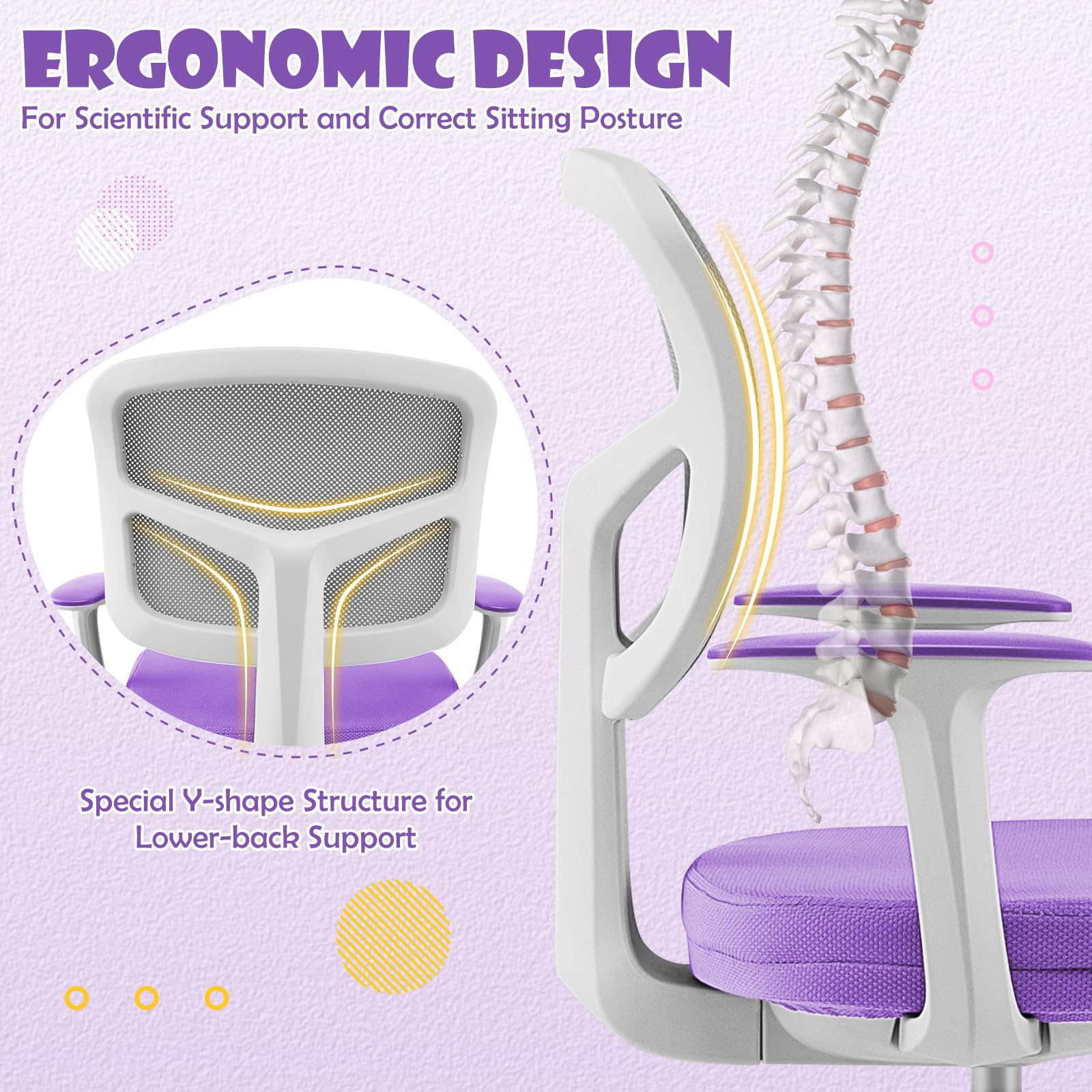 POWERSTONE Kids Desk Chair, Adjustable Mesh Computer Chair with Armrest, Soft Cushion and Mid Back Swivel Office Chair for Teens Students (Purple)