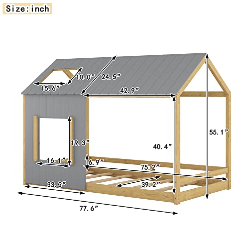 TARTOP Twin Size Floor Bed with Rails, House Bed with Roof, Window, Solid Wood Platform Bed Frame with Slats,Twin Bed Frame for Kids Teens Girls Boys,No Box Spring Needed,Gray+Natural