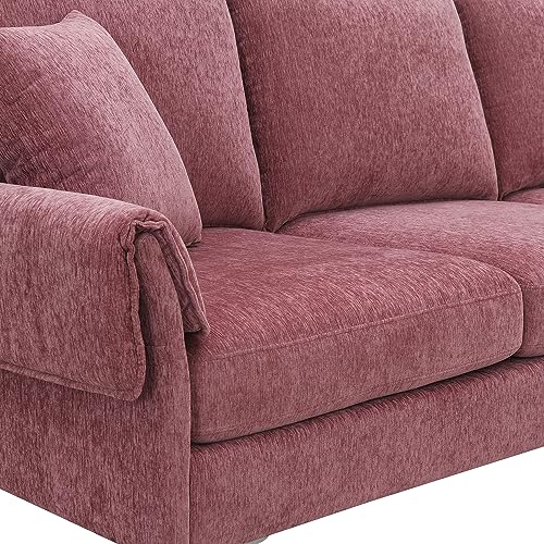 FANYE 84" L-Shaped Upholstered Corner Sectional 3 Seaters Sofa, Modern Chenille Upholstery Metal Legs Couch with Reversible Chaise and 2 Pillows for Home Apartment Office Living Room, Pink