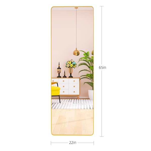 Cozybedin Square Rounded Corners Full Length Mirror Floor Mirror, Bedroom Mirror ,Dressing Mirror with Aluminum Alloy Frame,65" x 22" (Gold)