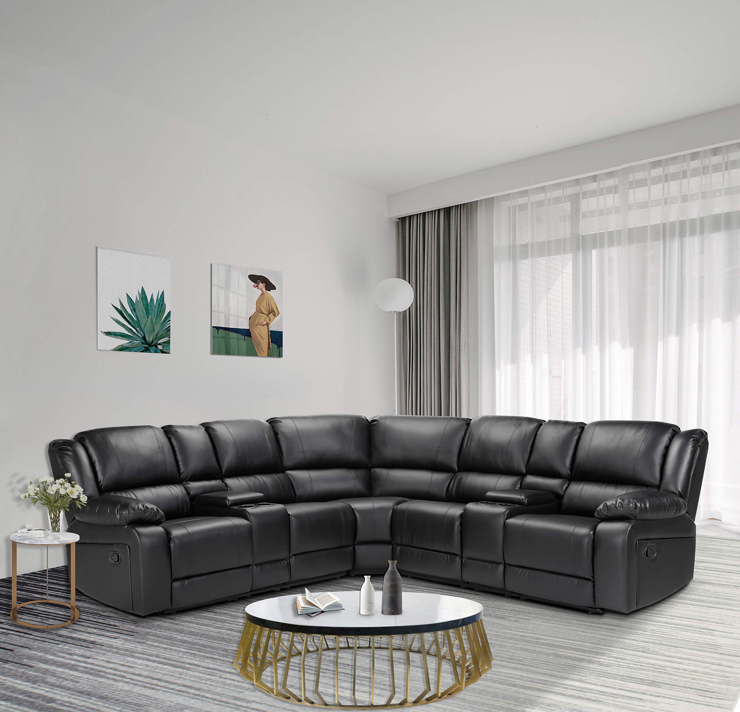 LCH Modern Upholstered L-Shape Sectional Sofa Reclining, PU Leather Extra Wide Lounge Couch with 2 Consoles,4 Cup Holders and Storage,Fabric Sofá for Living Room Apartment, Black Large