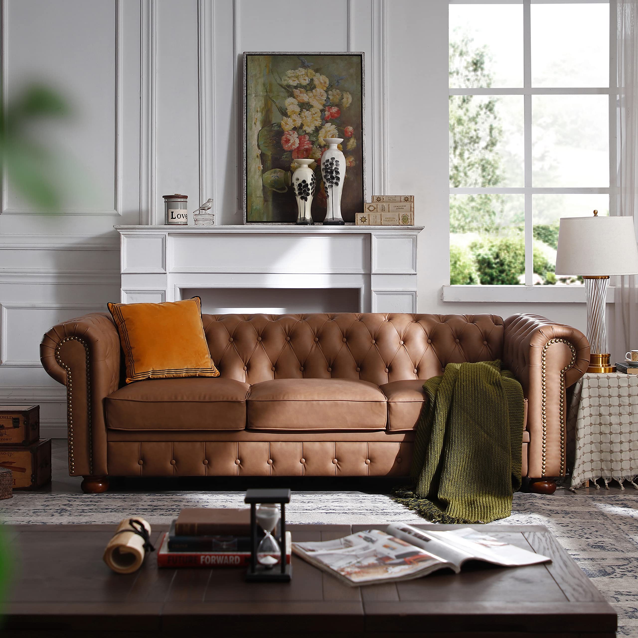 FIQHOME Classic Chesterfield, Modern 3 Seater Sofa, Living Room, Upholstered Tufted Back Settee Couch with Rolled Arms Nailhead Trim,Brown Faux Leather