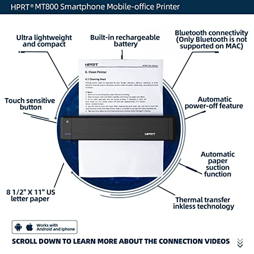 HPRT Wireless Bluetooth Portable Printer+Case+Ribbon 3 in 1 by Thermal Transfer MT800 for Traveling Printer Compatible with Android and iOS Phone,Support 8.5" X 11" US Letter & A4 Paper