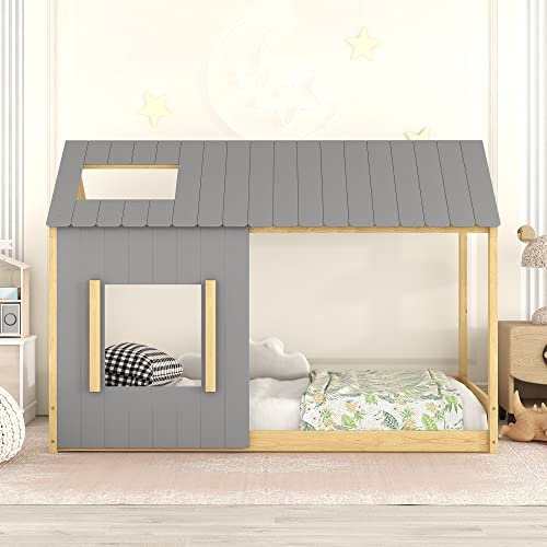 TARTOP Twin Size Floor Bed with Rails, House Bed with Roof, Window, Solid Wood Platform Bed Frame with Slats,Twin Bed Frame for Kids Teens Girls Boys,No Box Spring Needed,Gray+Natural