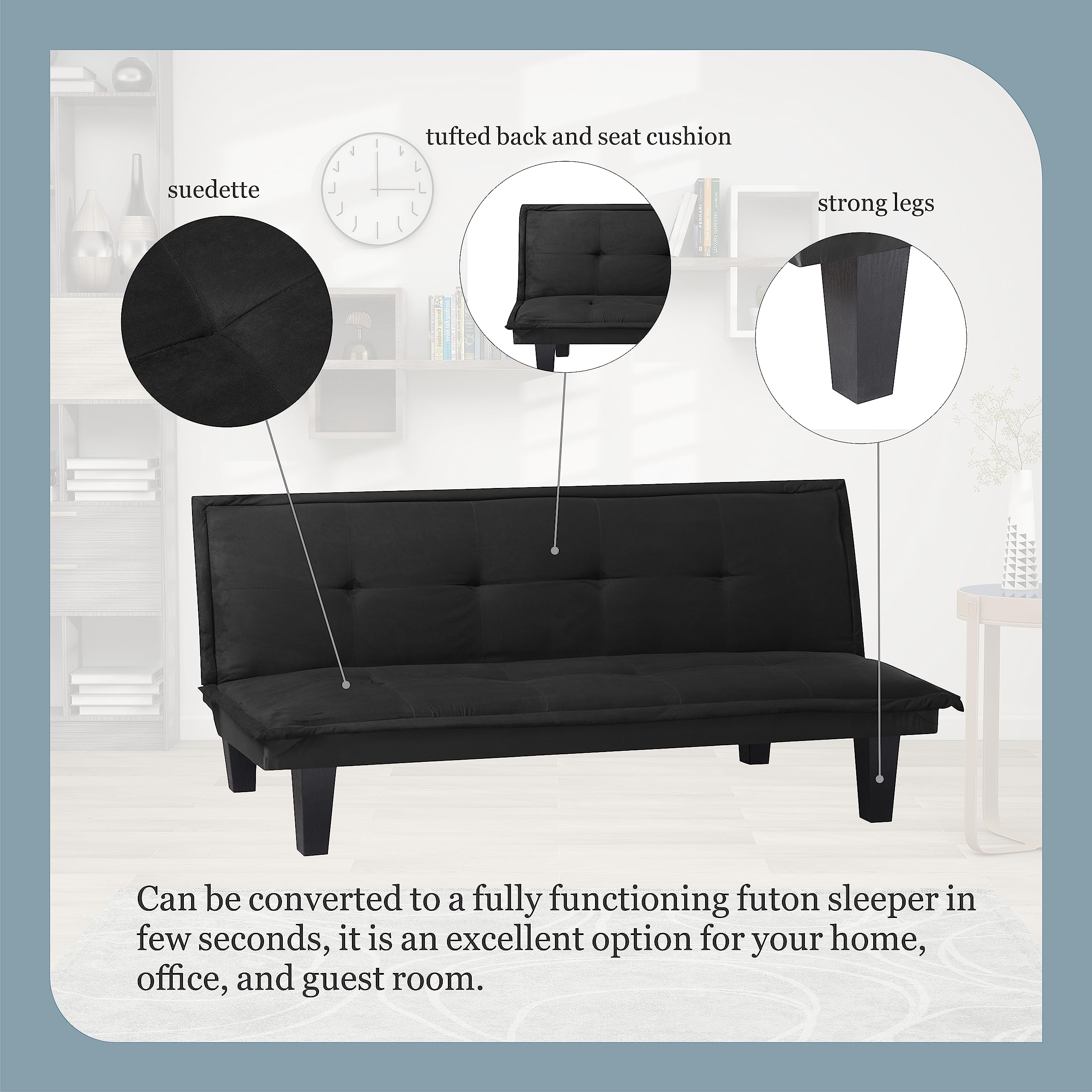 KoiHome Futon Sleeper Sofa 63.8" Adjustable Back, Modern Twin Size Chaise with Brown Legs, 2-Seater Couch, Contemporary Recliner for Living, Bedroom,Office,Waiting Room, Faux Suede, Black