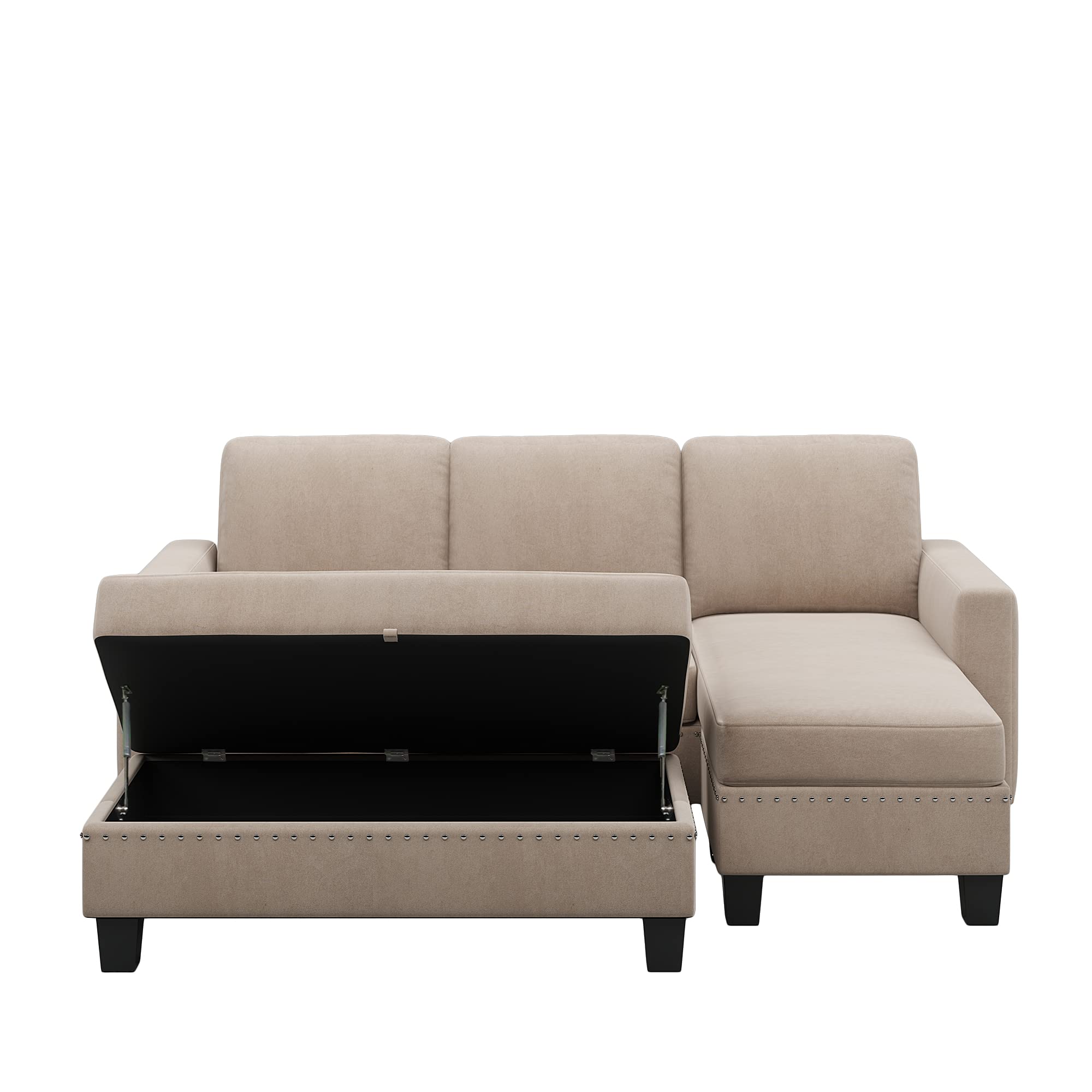 FIQHOME 81" Reversible, L-Shaped Couch with Storage Ottoman,Sectional Chaise,Nailheaded Textured Fabric 3 Pieces Sofa Set,Warm Grey