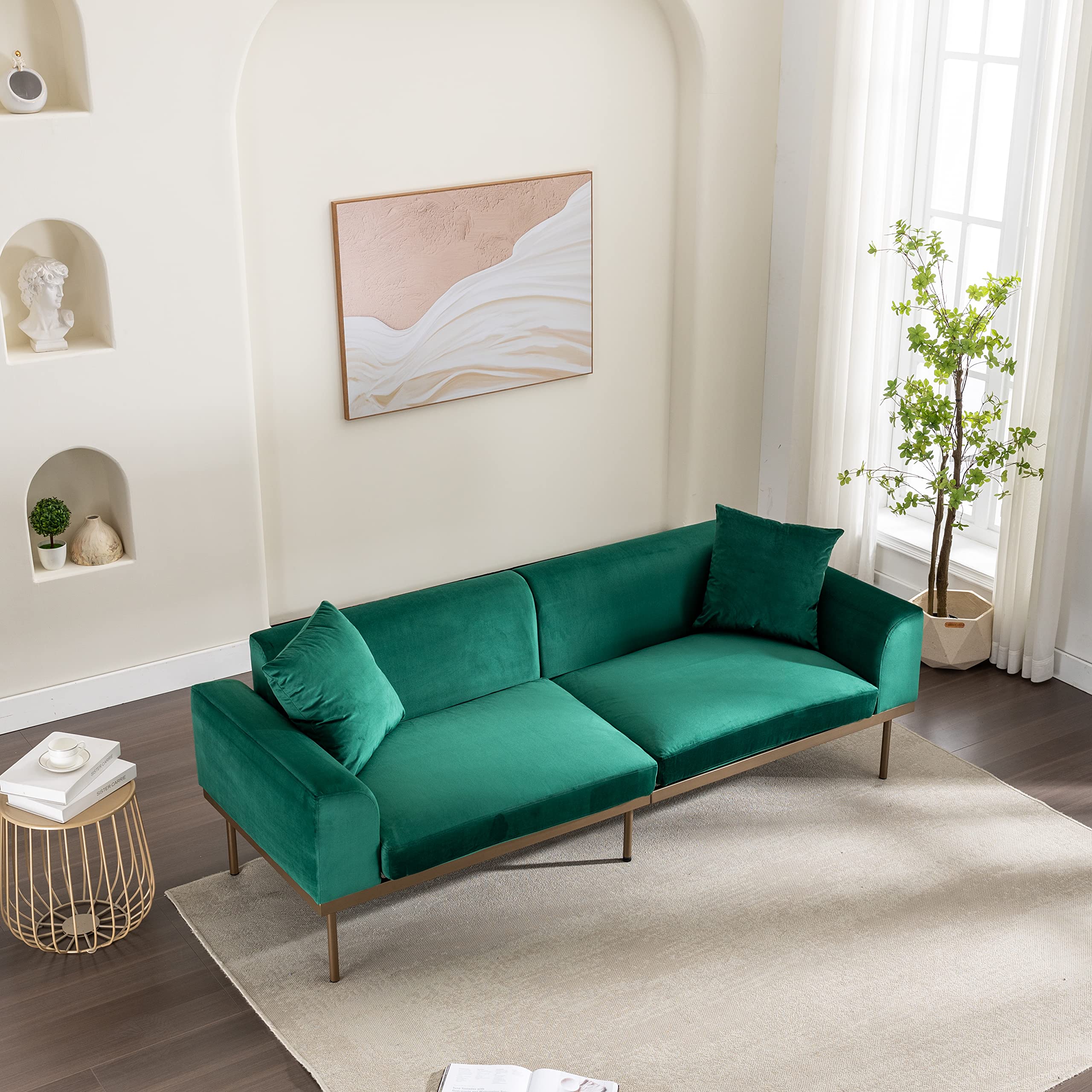 FIQHOME Upholstered Velvet, Modern Metal Legs,Loveseat Sofa Couch with Two Pillows for Living Room and Bedroom (Green)