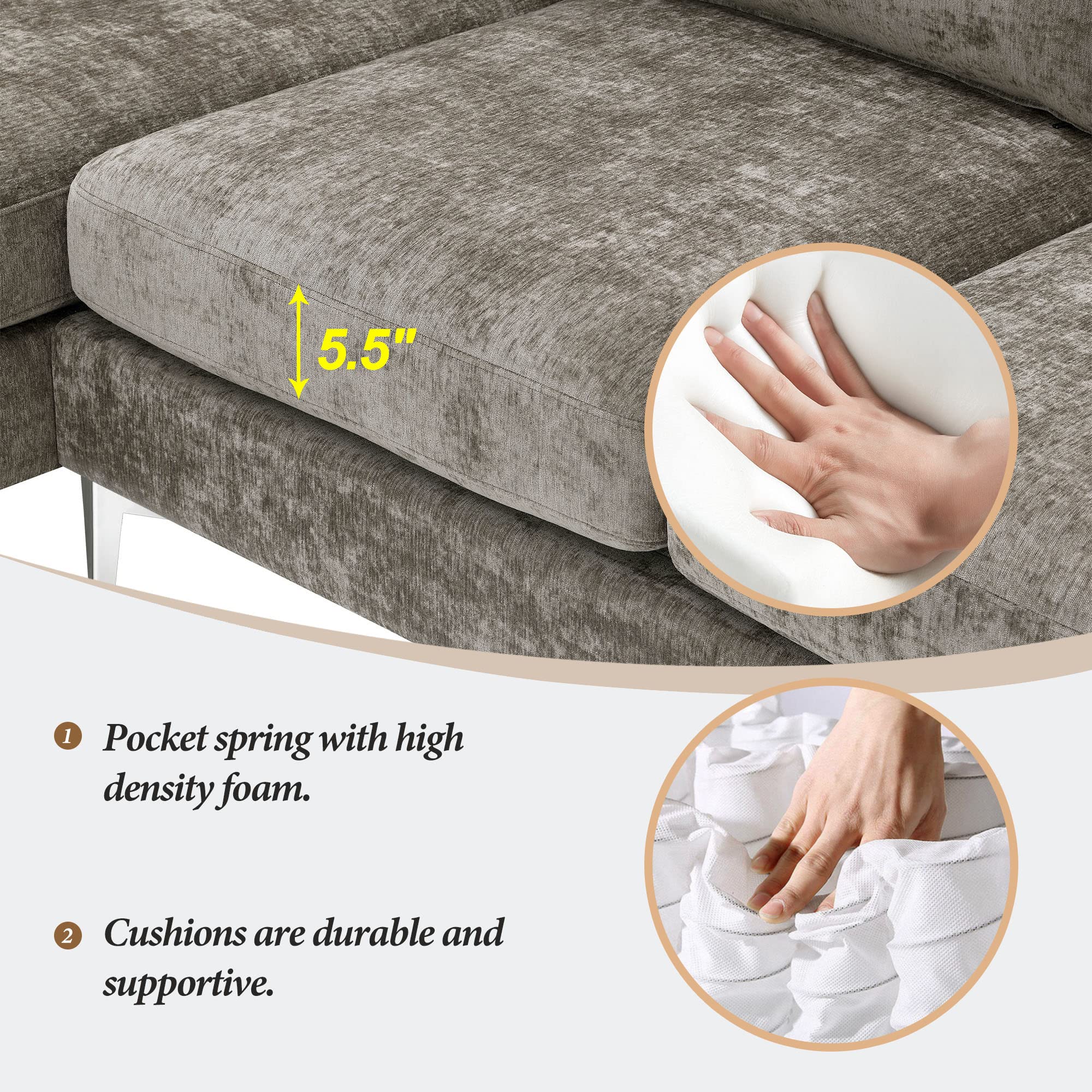 FIQHOME 84'' Convertible Sectional, Modern Chenille L-Shaped Sofa Couch with Reversible Chaise Lounge, Fit for Living Room, Apartment(2 Pillows,New,Espresso)