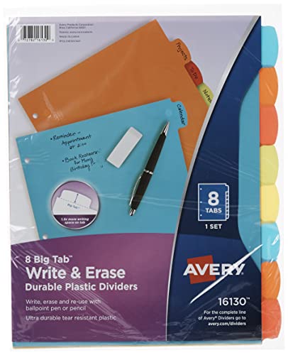 Avery Big Tab Write & Erase Durable Plastic Dividers for 3 Ring Binders, 8-Tab Set, Bright Multicolor, 1 Set (16130)
