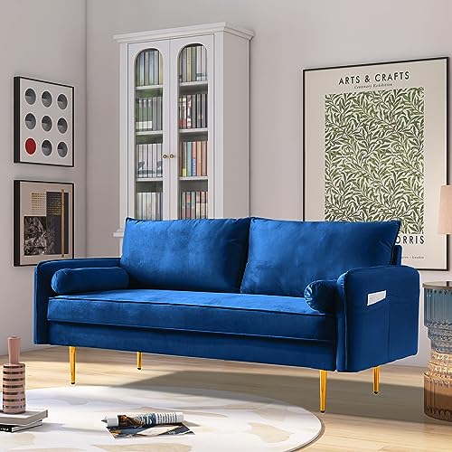 Imseigo 71” Velvet Loveseat Sofa, 3-Seater Sofa for Small Space, Mid Century Modern Futon Couch with Golden Metal Legs and Side Pocket, Small Couches for Living Room, Bedroom, Apartment (Blue)
