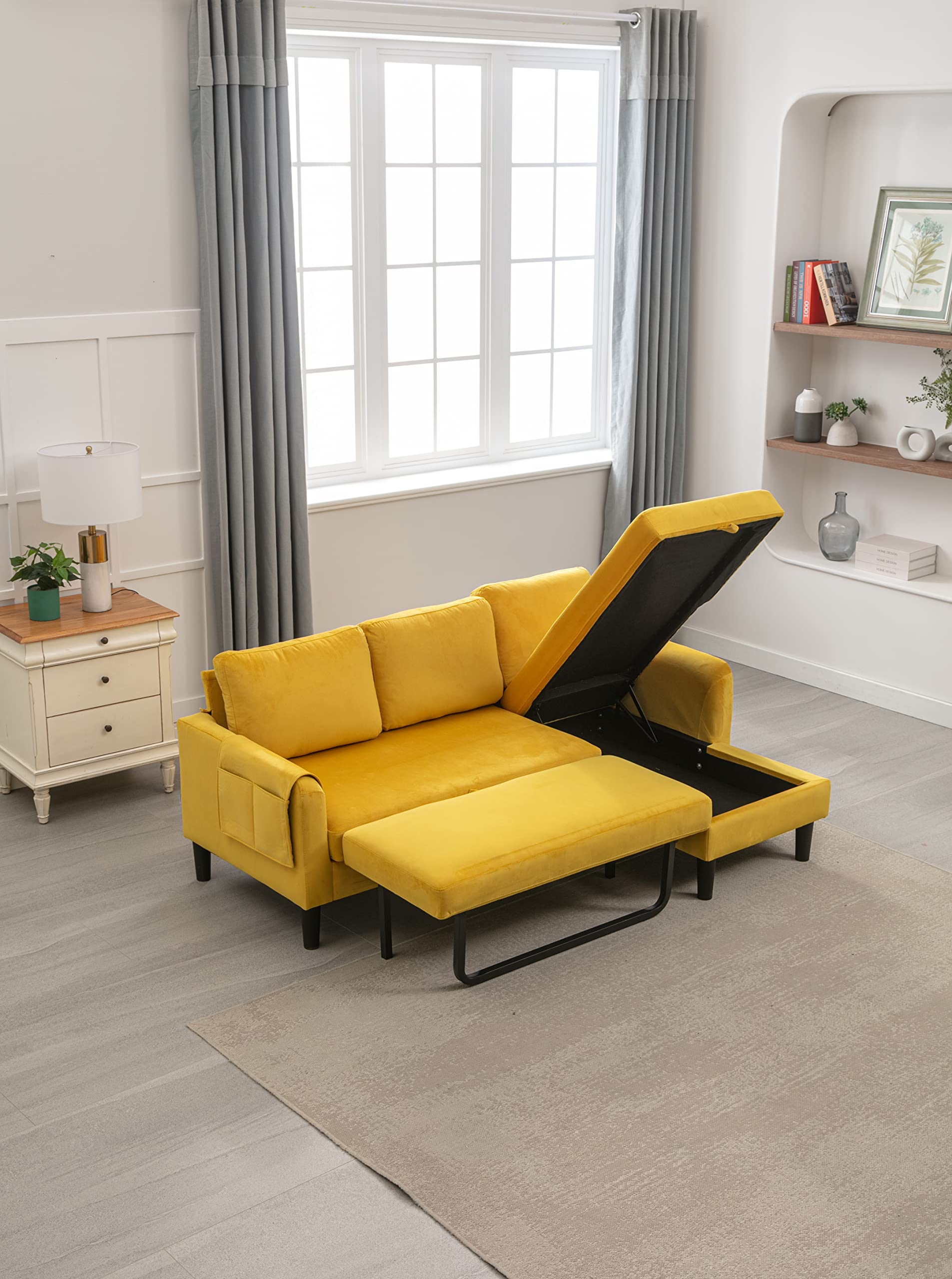 Eafurn 3 Seater Sectional Sofa with Chaise Lounge, L Shaped Convertible Couch Pull Out Bed and Storage, Comfy Velvet Upholstery Corner Sofa & Couches for Living Room Office