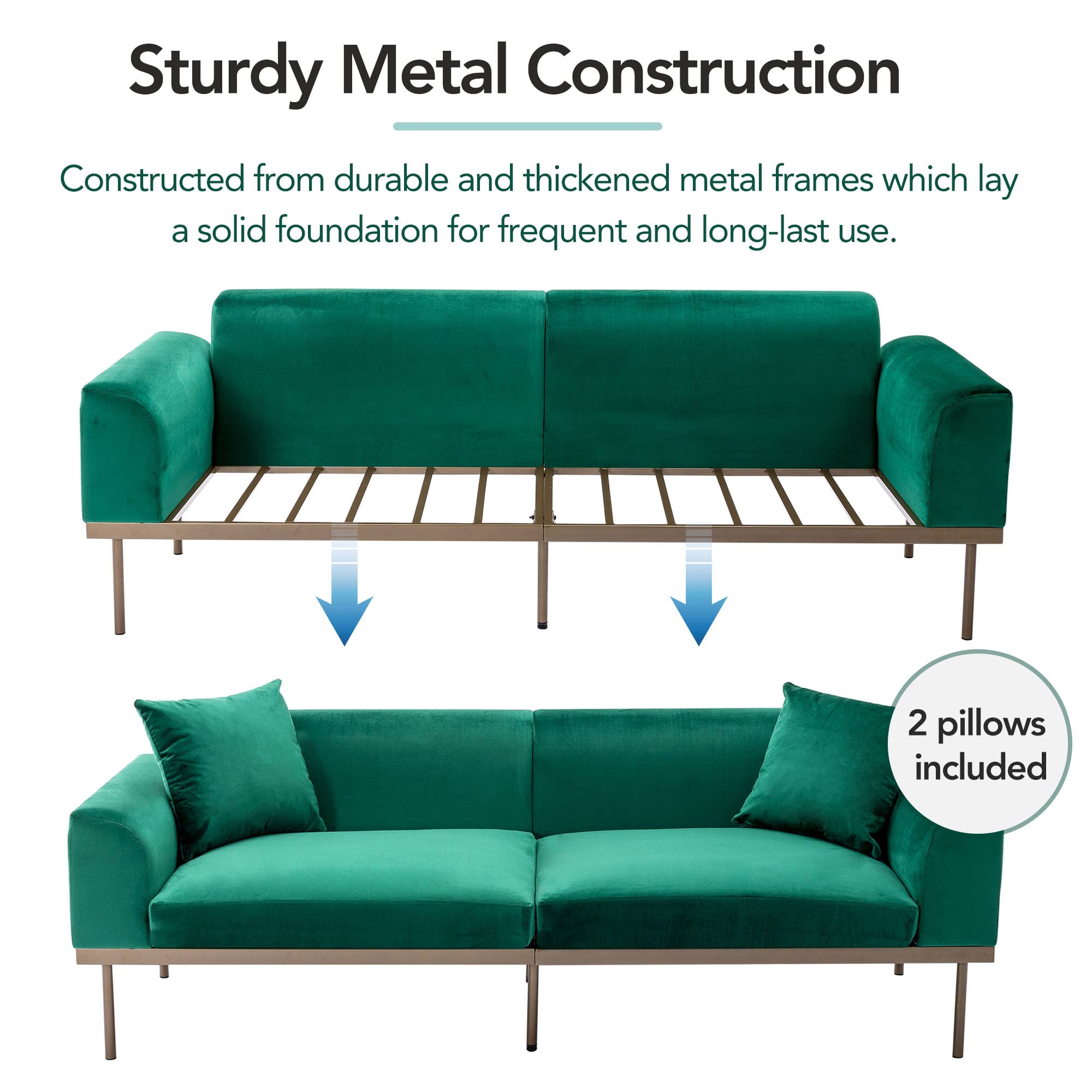 FIQHOME Upholstered Velvet, Modern Metal Legs,Loveseat Sofa Couch with Two Pillows for Living Room and Bedroom (Green)