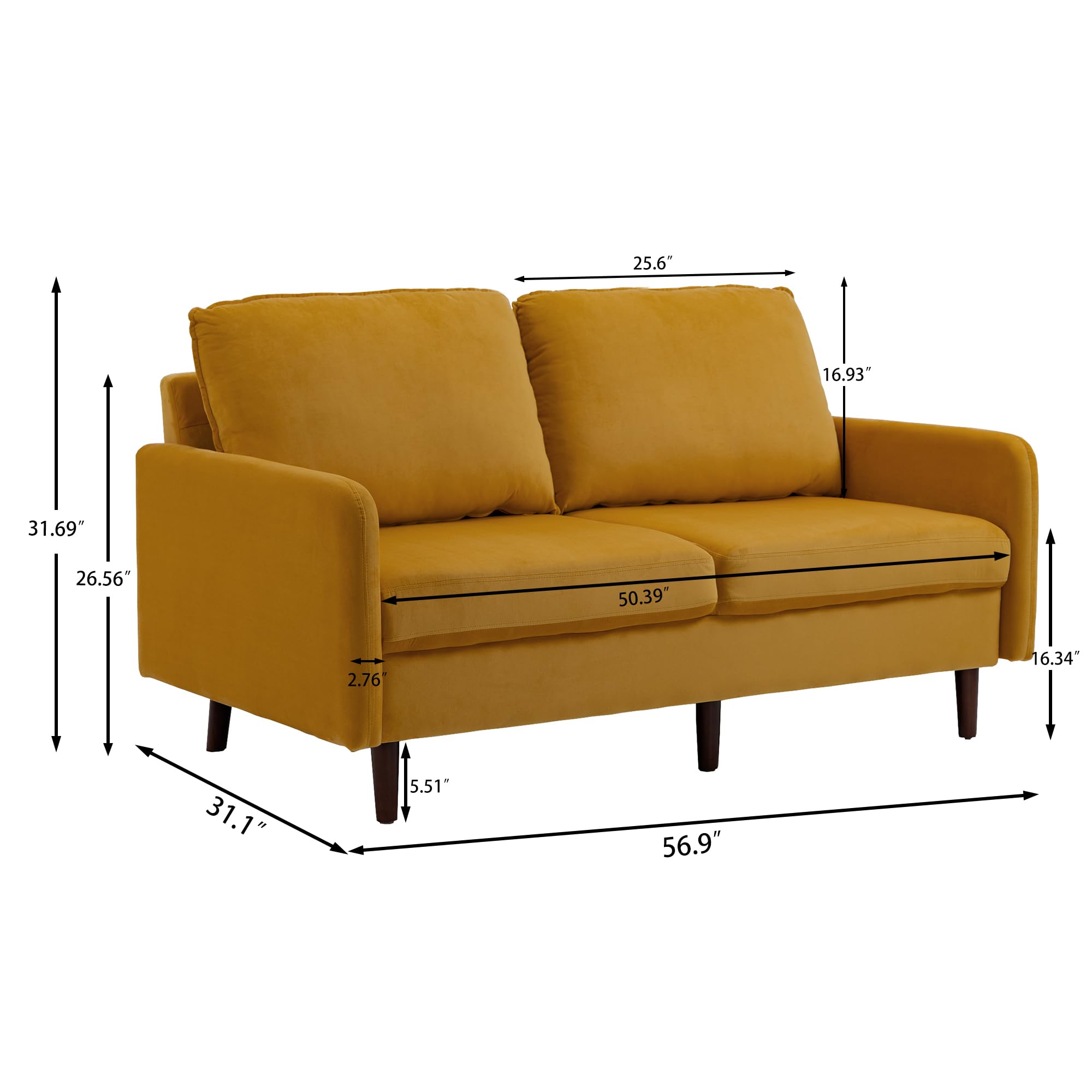 UIXE Modern Loveseat Sofas Living Room Love Seat 2 Seater Chair, Small Sofa Couch Love Seats Mid Century Upholstered Accent Chairs for Bedroom (Yellow)