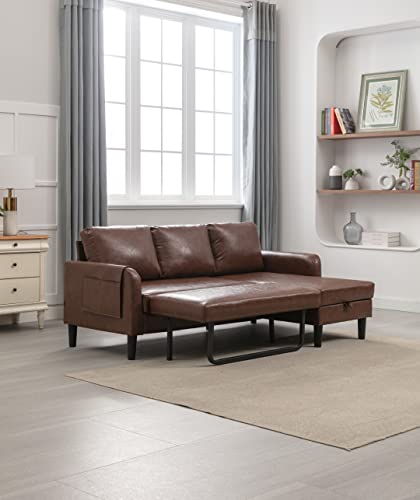 Eafurn L-Shaped Sectional Sofa w/Pull Out Bed & Storage Space,Comfy Sleeper Couch with Chaise, 3-seat Upholstered Convertible Corner Sofa & Couches, Suitable for Living Room