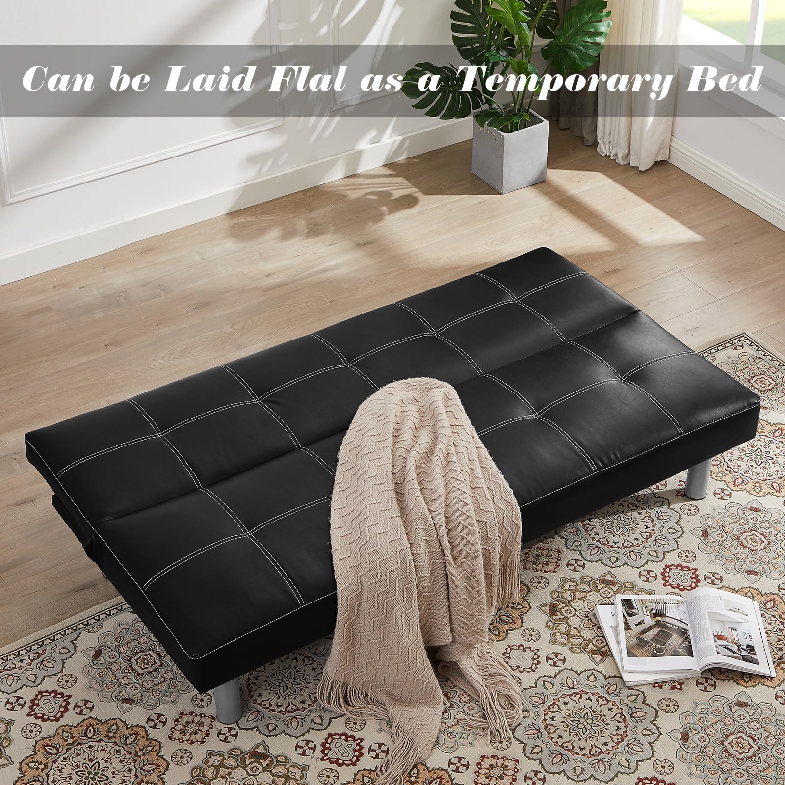 BIVVI Faux Leather Couch Futon Sofa Bed Convertible Folding Daybed Modern Upholstered Sleeper for Compact Living Space Loveseat Sofá Bed Lounge Sofa for Living Room Apartment Home Office,Black