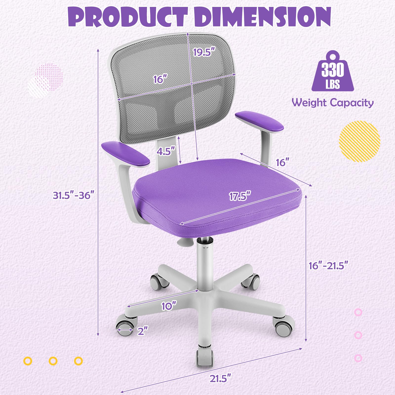 POWERSTONE Kids Desk Chair, Adjustable Mesh Computer Chair with Armrest, Soft Cushion and Mid Back Swivel Office Chair for Teens Students (Purple)