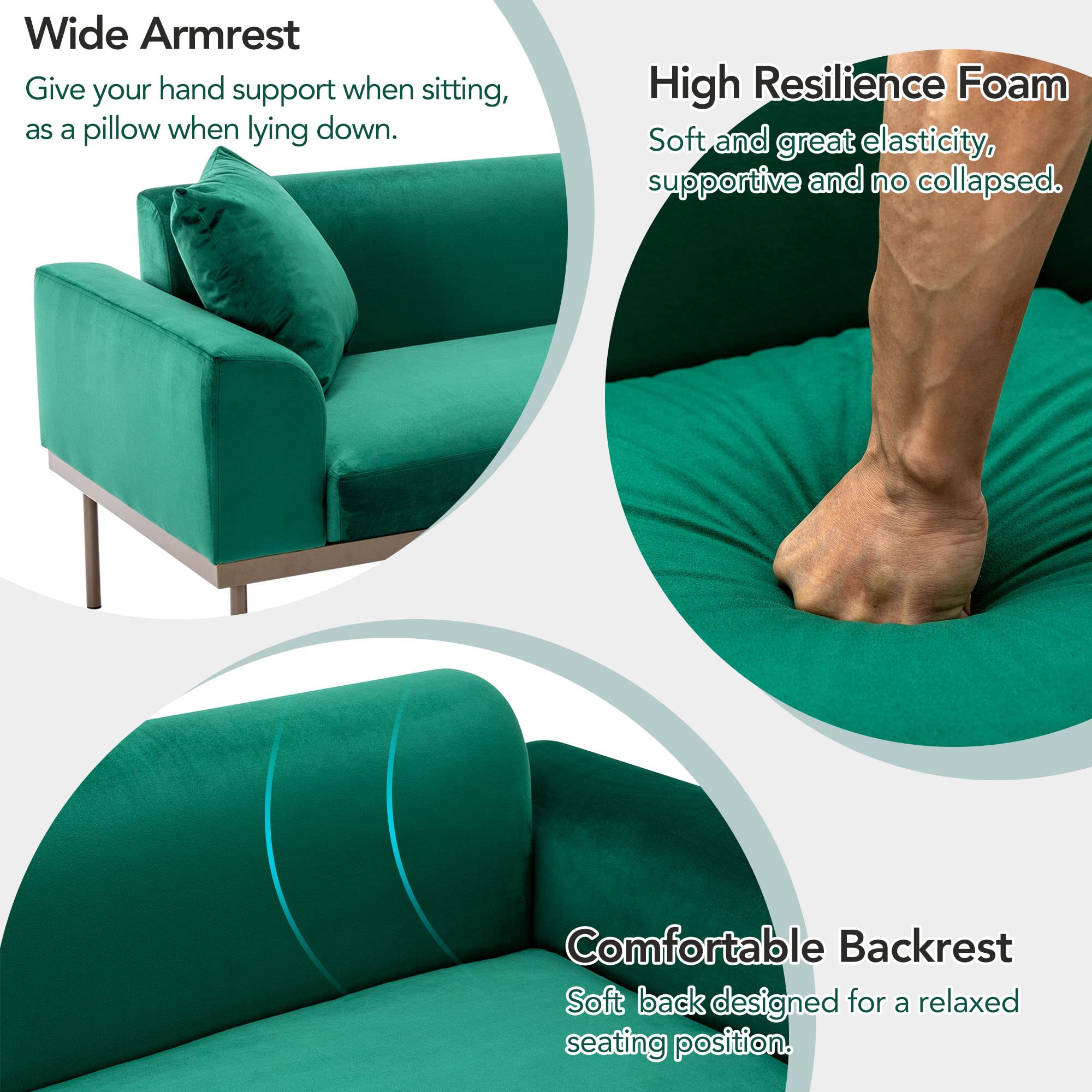 FIQHOME Upholstered Velvet, Modern Metal Legs,Loveseat Sofa Couch with Two Pillows for Living Room and Bedroom (Green)